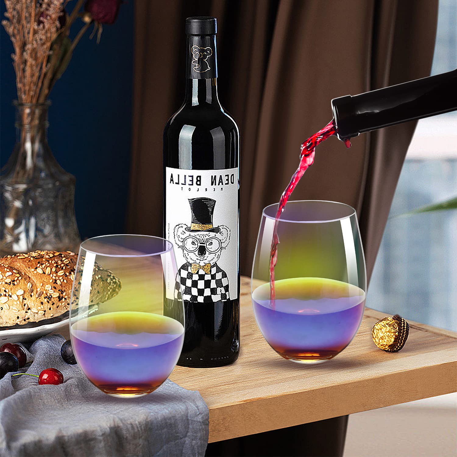 HELLWANG Wine Glasses Set of 2, 20 Ounce Seven Color Dazzling Stemless Wine Glass for Red or White Wine, Whiskey- Pool Party Beach Travel Cups