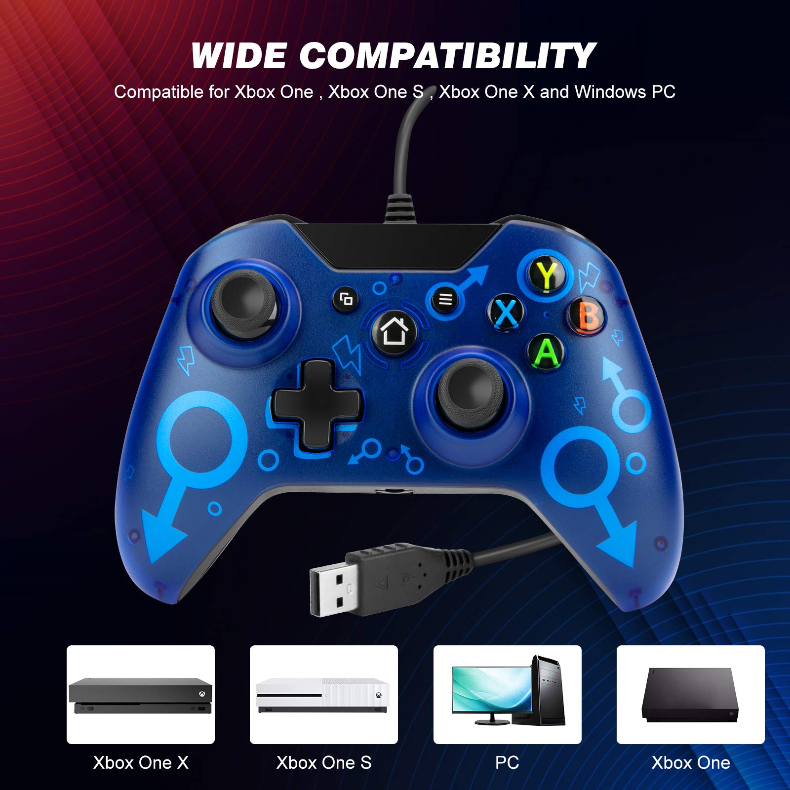 fuxinya Wired Controller, Compatible with Xbox One/One S/One X/One Elite/Windows PC, USB Wired Gamepad Remote Controller, PC Game Controller with Headset Jack [2021 Newest Version] (Blue)