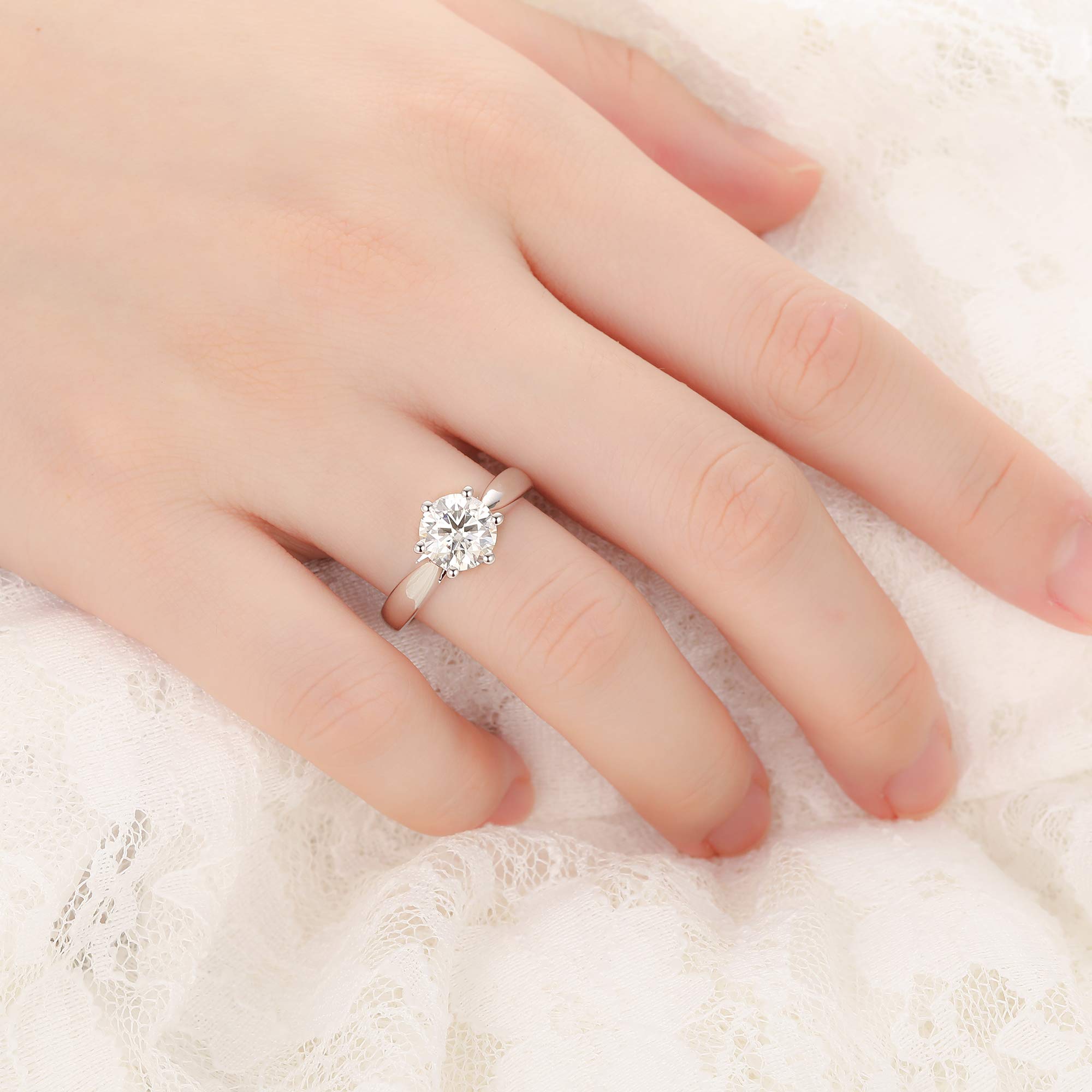 Esdomera Solitaire 6 Prongs 2.00ct Round Cut 8mm Moissanite Women's Engagement Ring in Platinum Plated Sterling Silver Proposal Ring (5.5)