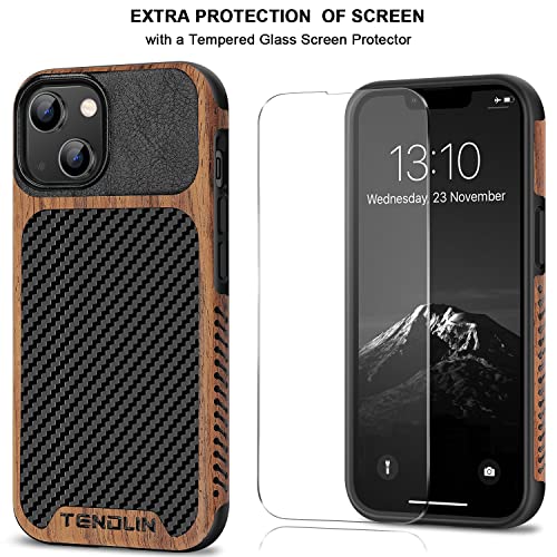 TENDLIN Compatible with iPhone 14 Plus Case Wood Grain with Carbon Fiber Texture Design Leather Hybrid Slim Case Black