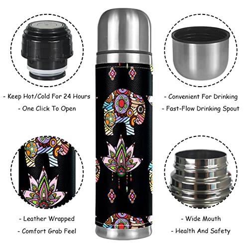 Vintage Lotus Ethnic Elephant Vacuum Insulated Water Bottle Stainless Steel Thermos Flask Travel Mug Coffee Cup Double Walled 17 OZ