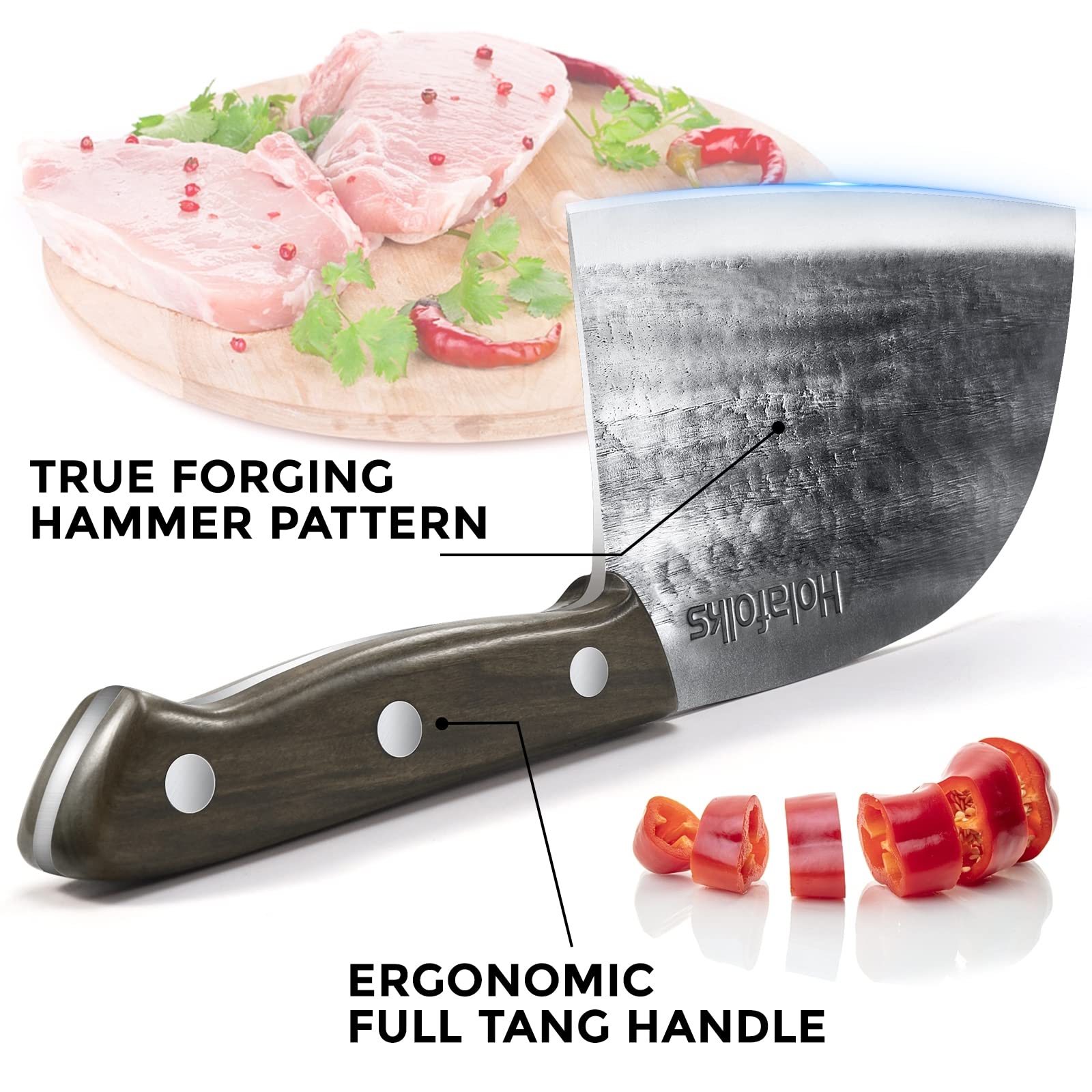 HolaFolks Serbian Chef Knife, Anti-Rust Oil Coating Kitchen Cooking Knife with Sheath, Dividing Knife Hand Forged High Carbon Steel Butcher Knife for Home Kitchen Restaurant Cooking Camping