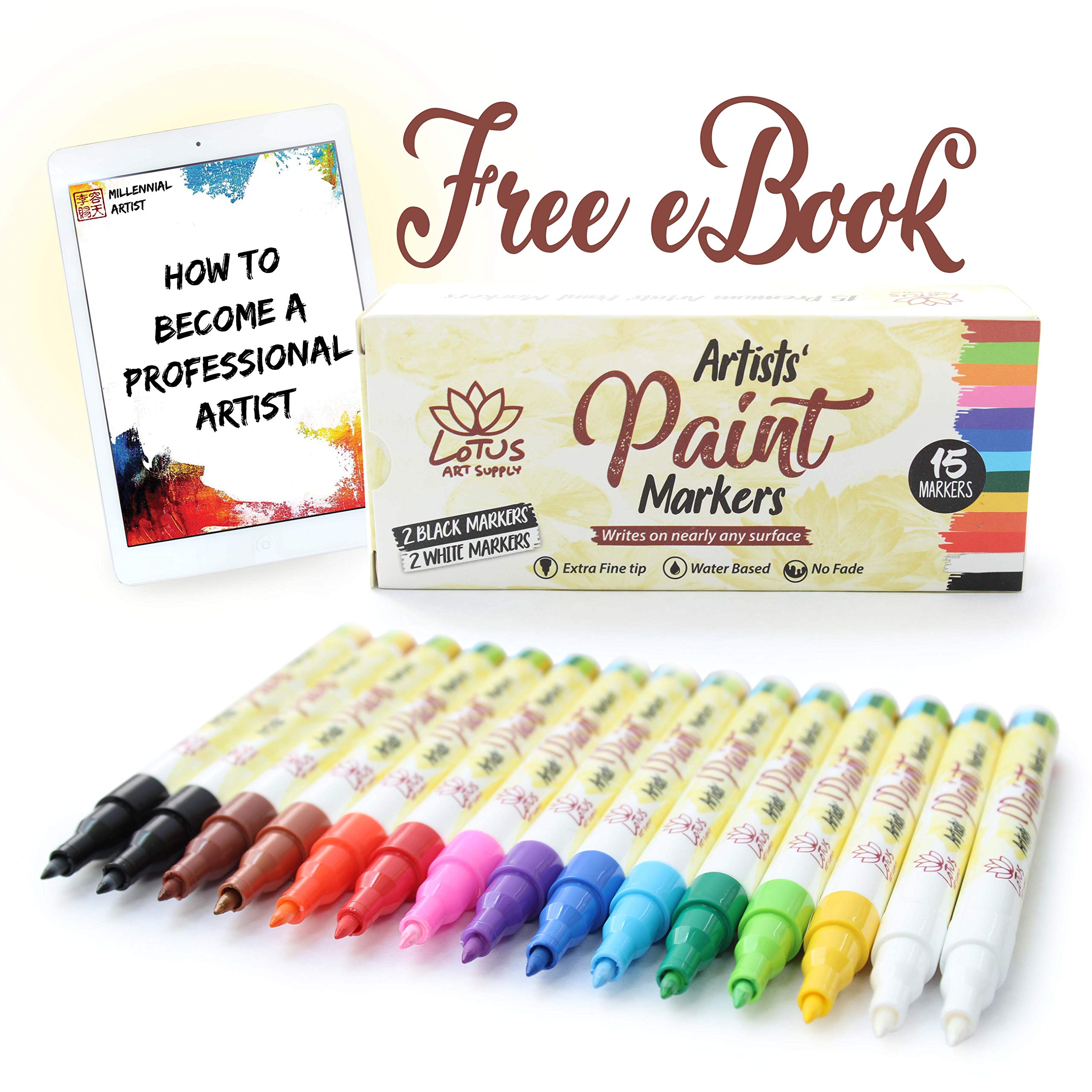 Fine Point Acrylic Paint Pens by Lotus Art Supply - Professional Set with Extra Black, White Markers - for any Surface (Rocks, Leather, Mug, Crafts, Coloring Fabric, Ceramic Mugs, Journal, Canvases)