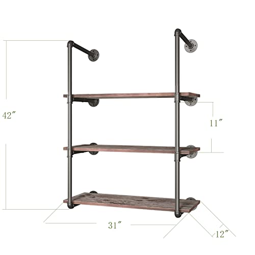 Yuanshikj (42" Tall Industrial Pipe with 31" Solid Wood Shelf/Shevles/Shelving Bookshelf/Bookcase Metal Iron Pipe Rustic Open DIY Display Wall Mounted for Living/Bed/Office Room Decor Storage