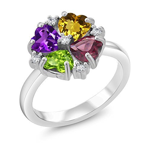 Gem Stone King 925 Sterling Silver Personalized Customized 4 Gemstone Birthstone Name Engraved Heart Shape Ring For Women (Available In Size 5, 6, 7, 8, 9)