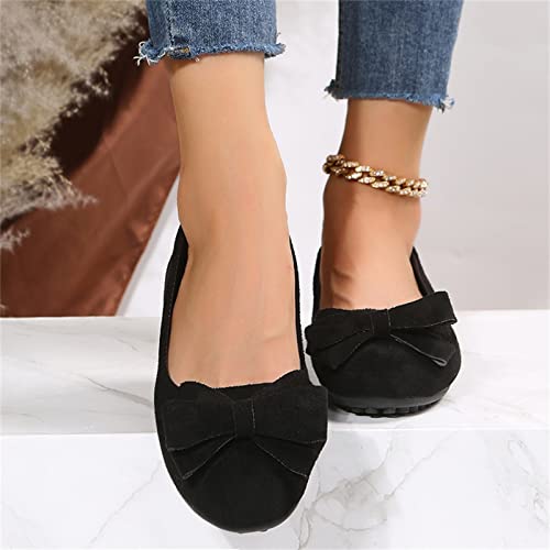 FASDNENDYS Ladies Fashion Solid Color Flock Bow Round Toe Comfortable Flat Casual Shoes Casual Flat Leather Shoes for Men Black