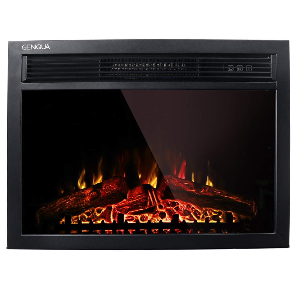 Geniqua 23" Freestanding Wall Mounted Electric Fireplace Insert Heater 1400W Log LED Flame Remote Adjustable Heat Recessed Stove Indoor Warm