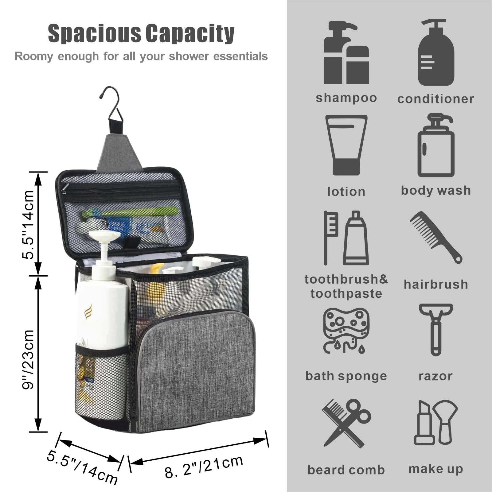 Portable Shower Caddy for Dorm & Gym & Travel - Extra Large Capacity&Drain Mesh, Quick Dry and Water Resistant with Metal Hook - Essential College Dorm for Men & Women(Grey)