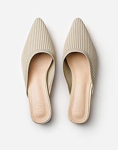 TIJN Pointed Toe Mules for Women Chunky Sandals Low Heeled Sandals Breathable Mesh Knit Slip on Flat Shoes(Helka) Cream