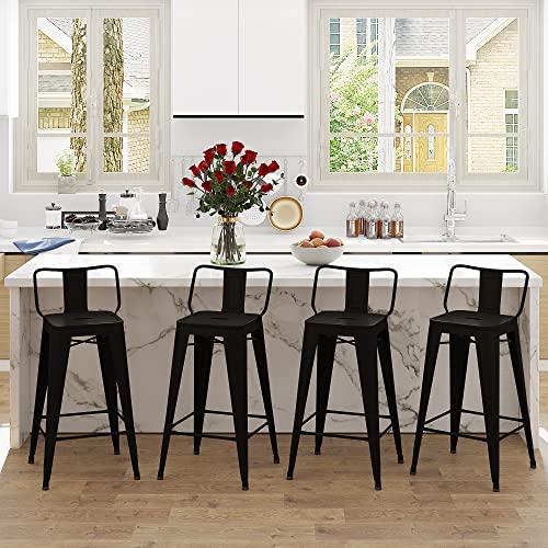 Tongli Metal Bar Stools Set of 4 Barstools Counter Height Bar Stools with Back Industrial Bar Stool Indoor Counter Stool Kitchen Island Stools Modern Bar Chair 26inch Matte Black