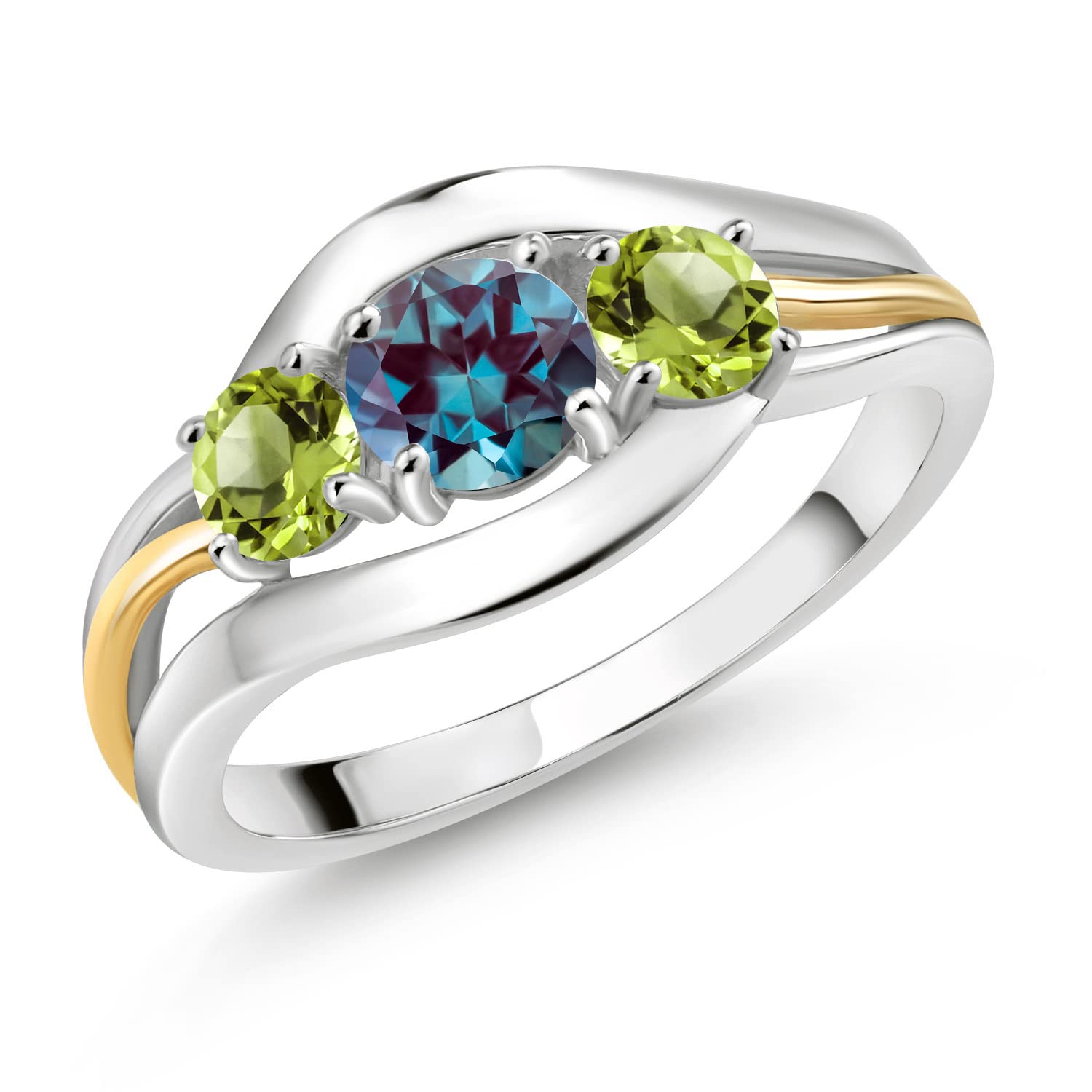 Gem Stone King 1.18 Ct Purplish Created Alexandrite Green Peridot 925 Silver and 10K Yellow Gold Ring (Size 6)