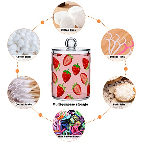 Vnurnrn Clear Plastic Jar Set for Cotton Ball, Cotton Swab, Cotton Round Pads, Floss, Strawberry Pattern with Berries Bathroom Canisters Storage Organizer, Vanity Makeup Organizer,2Pack