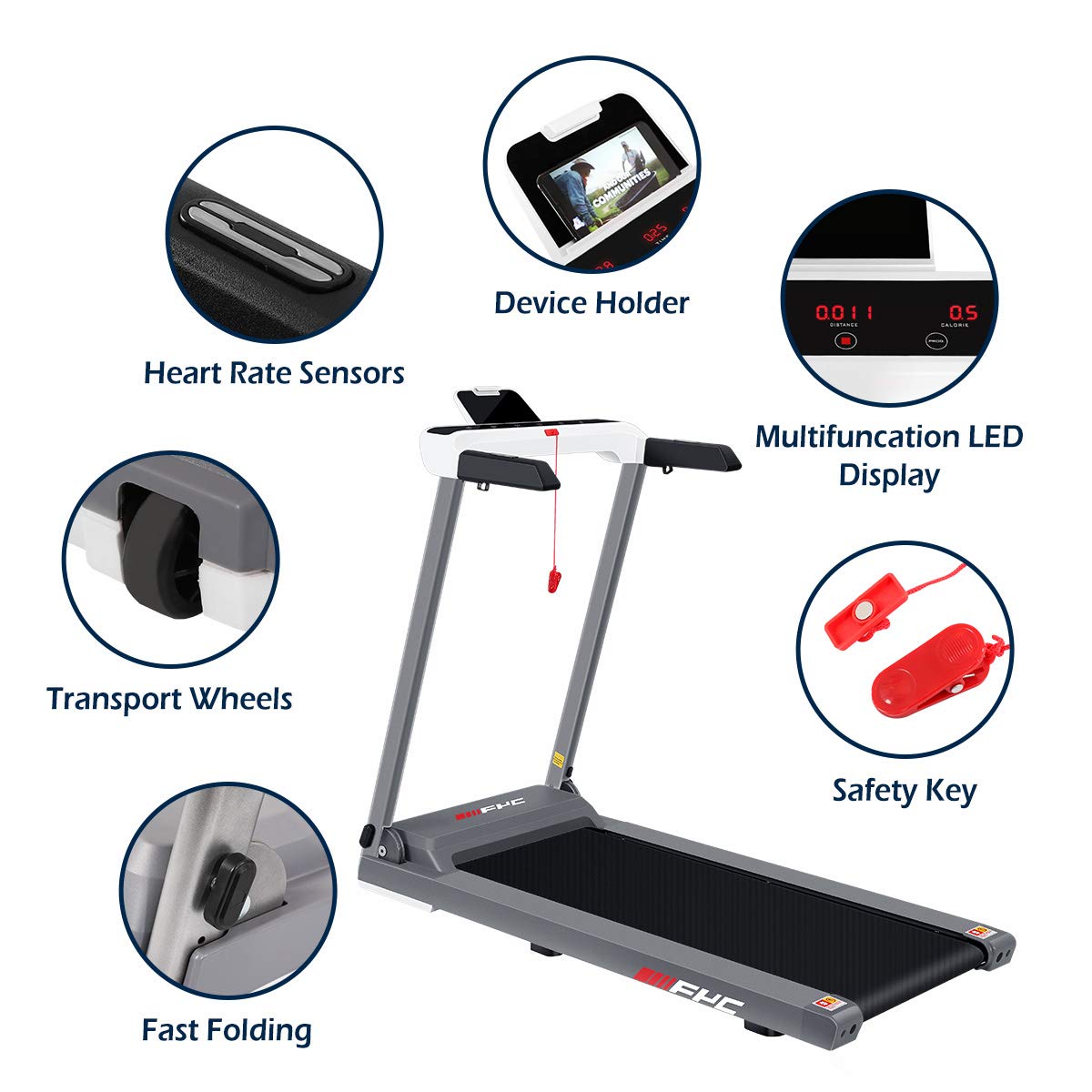 FYC Folding Treadmill for Home Electric Treadmill Exercise Running Machine Portable Compact Treadmill Foldable for Walking Home Gym Fitness Workout Jogging, Free Installation Gray