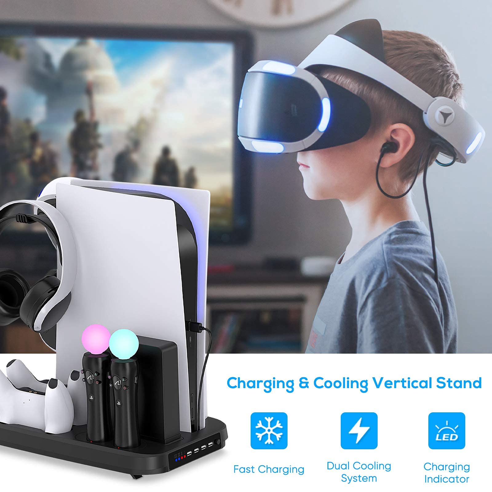 FYOUNG Vertical Stand for PS5 Digital Edition/Ultra HD Console with Cooling Fan and Controller Charging Station, Display Charging Stand for PS5 VR Playstation