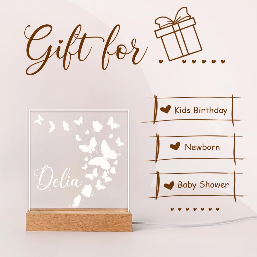 Wucidici Personalized Name Night Light with Butterfly, Custom Name Led Lamp for Baby Kids, Brighter Made Customized Night Light Gift for Girl Boys
