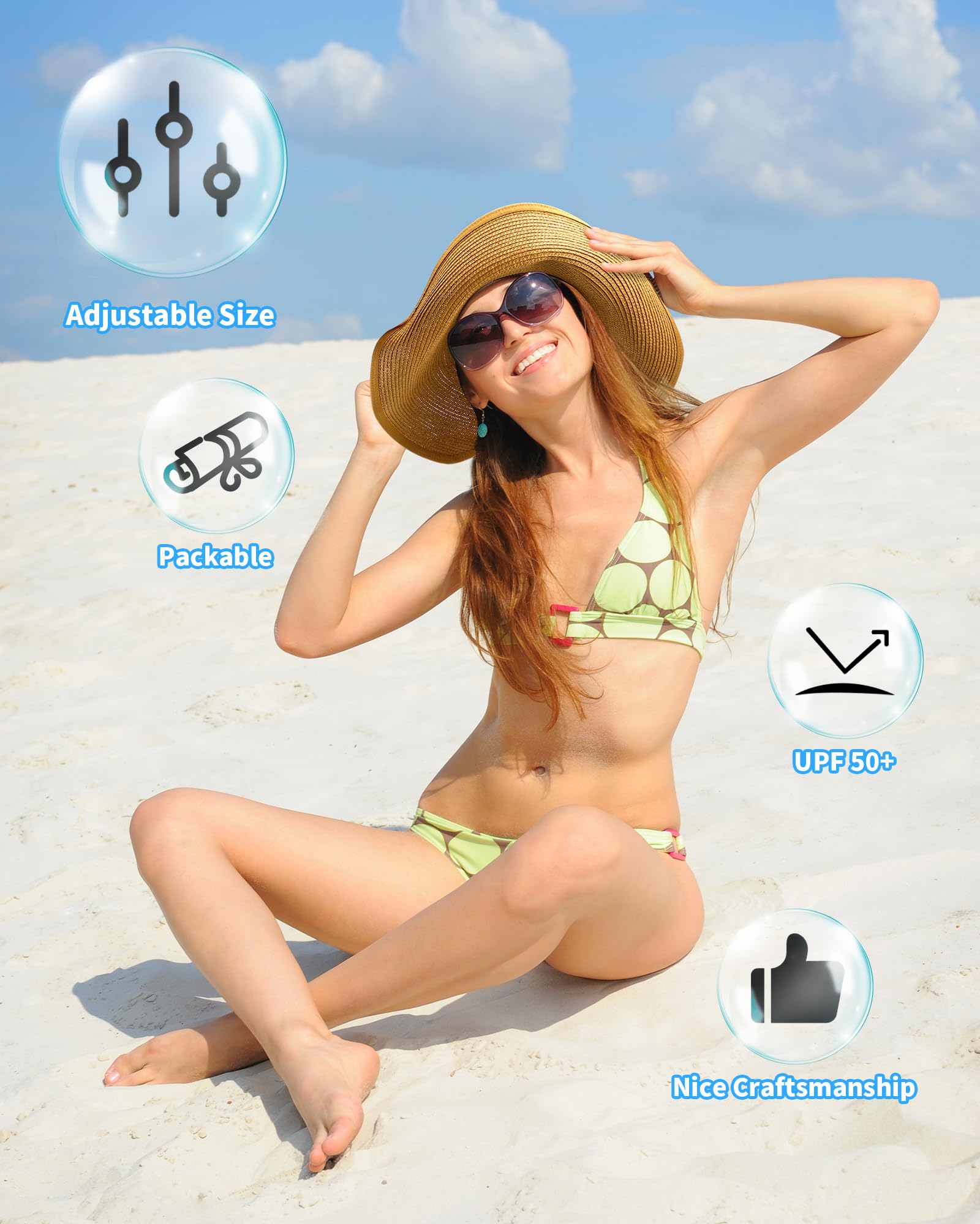 JaGely 3 Pieces Foldable Straw Sun Visors Hats Wide Brim Ponytail Summer Beach Hat Sun Protection Wide Brim Sun Hats Adjustable Beach Hat for Women