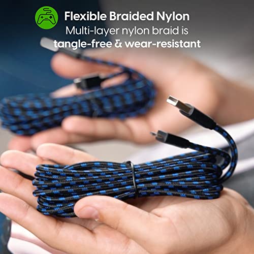 TALK WORKS Charging Cable Compatible with Xbox One Controller - 6-Foot Long Fast Charger Cord Micro USB for X-Box 1 - Heavy-Duty, Braided Black-Blue (3 Pack)