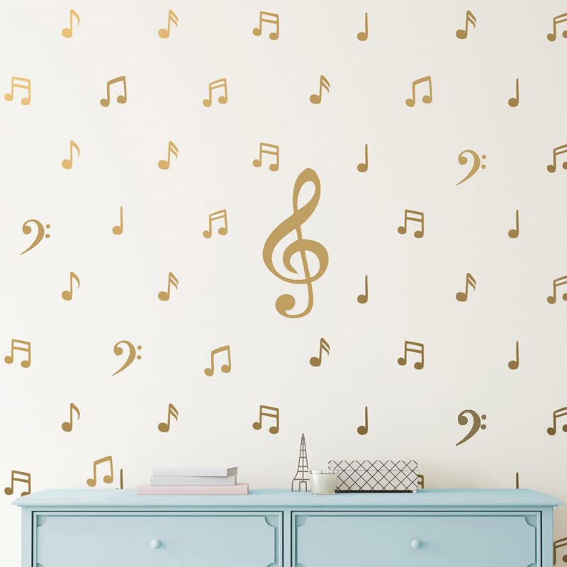 JUEKUI 36pcs Musical Note Wall Decals Creative Music Notes Removable Vinyl Wall Stickers for Classroom Kids Room Music Studio Decoration W141 (Gold)