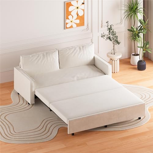 Eafurn Multi-Functional Futon Loveseat Couch, Beige Velet 63.8" Queen with USB Port