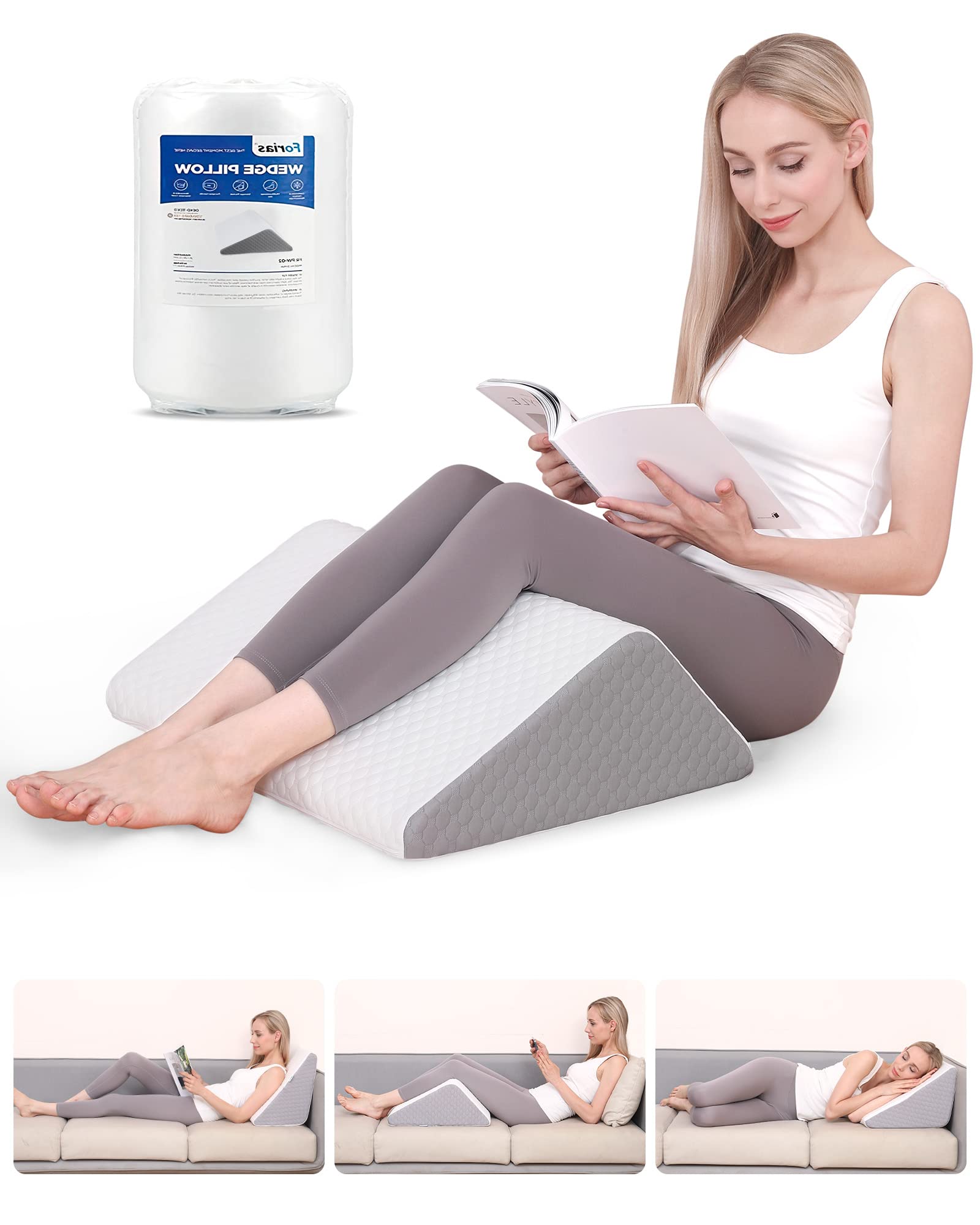 Forias Knee Wedge Pillow 8" Pure Memory Foam Bed Wedge Pillow for Sleeping After Surgery Triangle Pillow for Knee Support Leg Elevation Sciatica Knee Hip Back Pain Relief