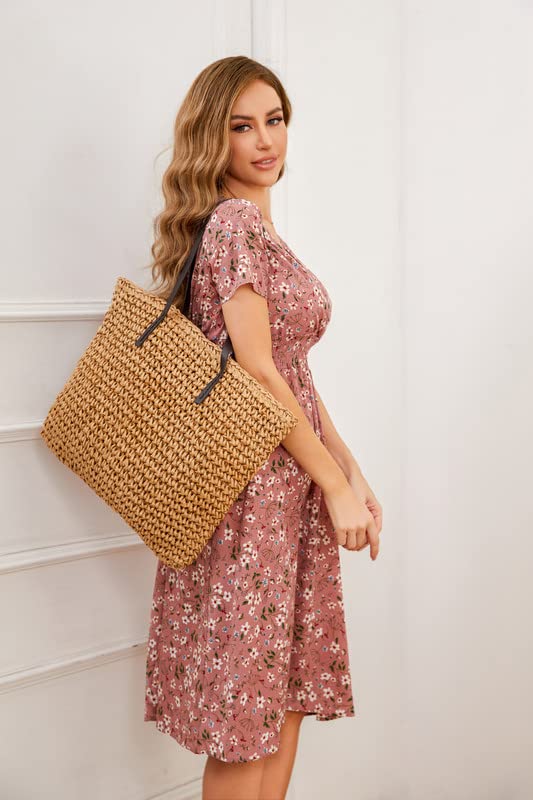 Hand-woven Soft Large Straw Shoulder Bag Boho Straw Handle Tote Retro Summer Beach Bag Rattan Handbag (Khaki