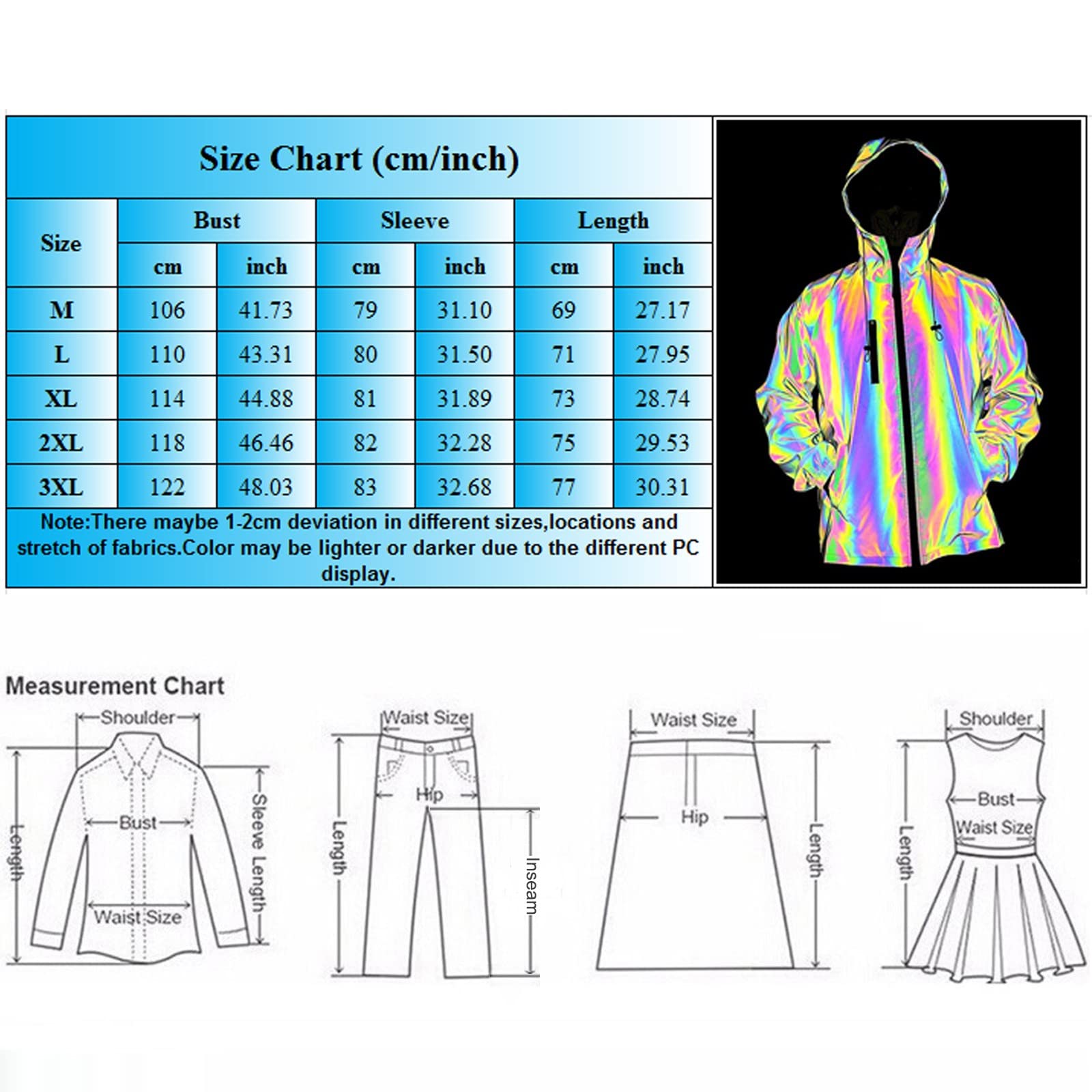 Glow Rainbow Hip Hop Jackets Black Reflective Jacket for Men and Women Hooded Zipper Waterproof Coat Windbreakers Zipper