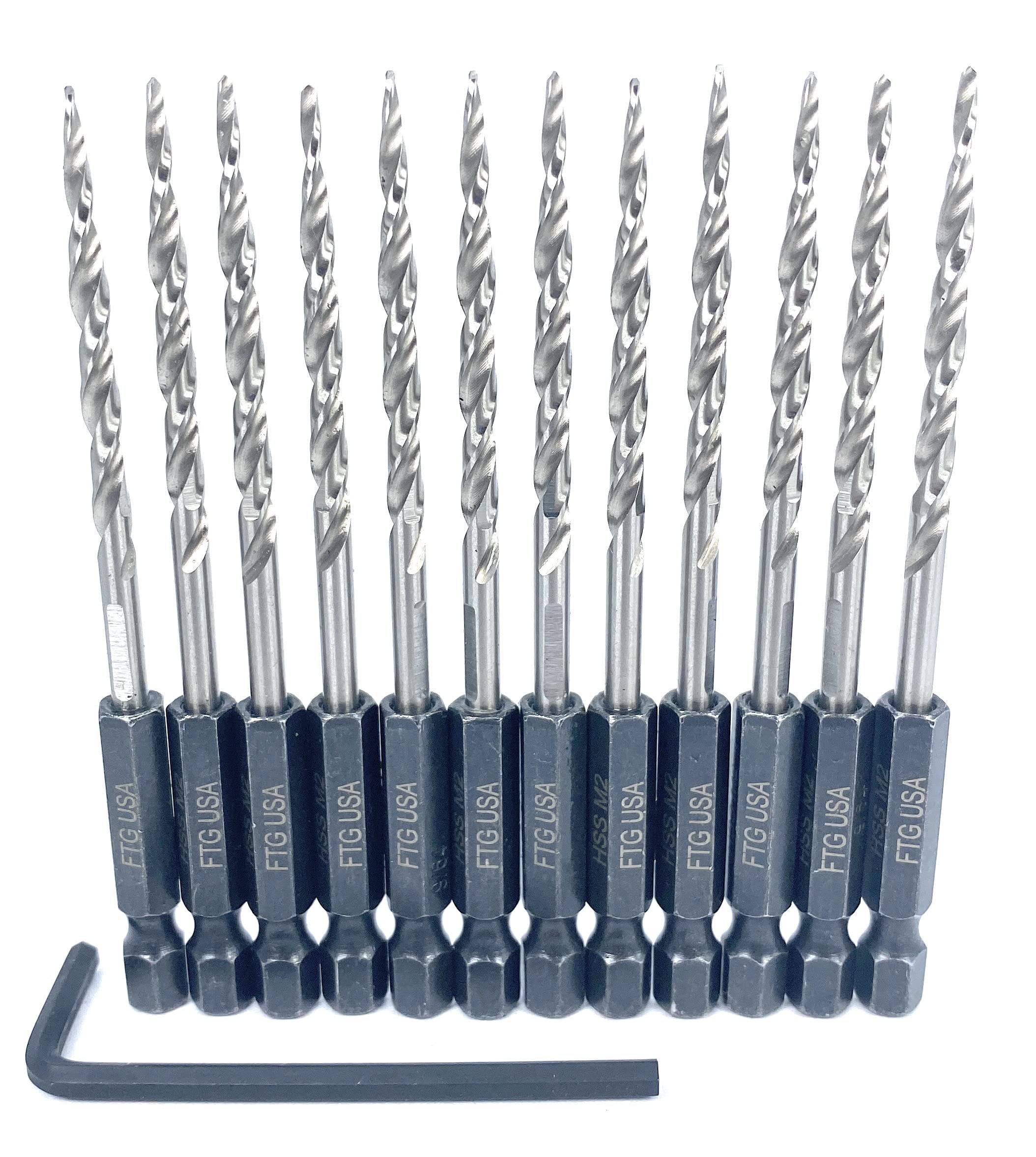 FTG USA Tapered Countersink Drill Bit Set 12 Pc (#6) 9/64" Countersink Bit Same Size Bit Replacement Only, Countersink Replacement Drill Bit with Improved Connection Drill-Hex Shank Without a Pin