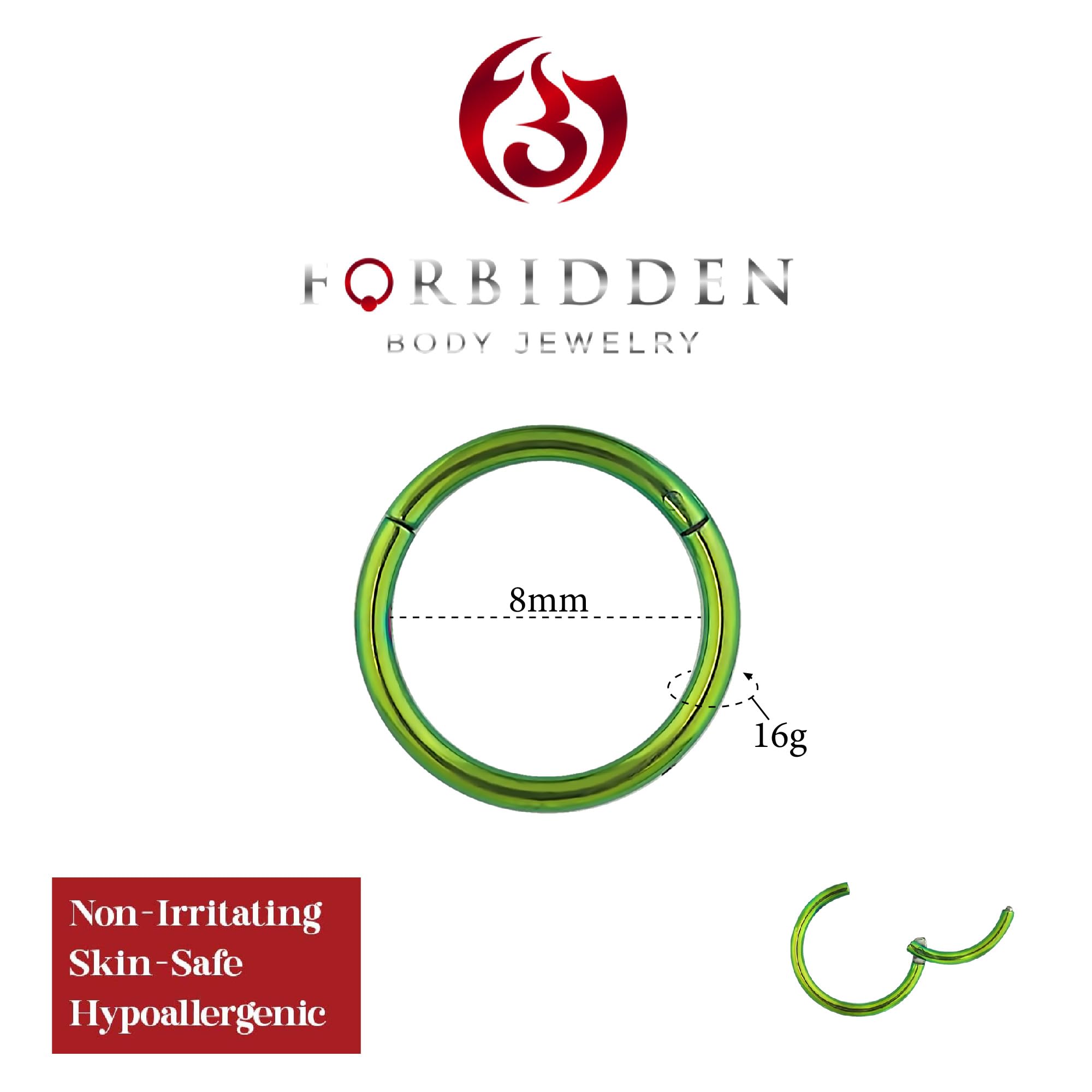 Forbidden Body Jewelry 16G 8mm Surgical Steel Hinged Seamless Hoop Body Piercing Ring, Green