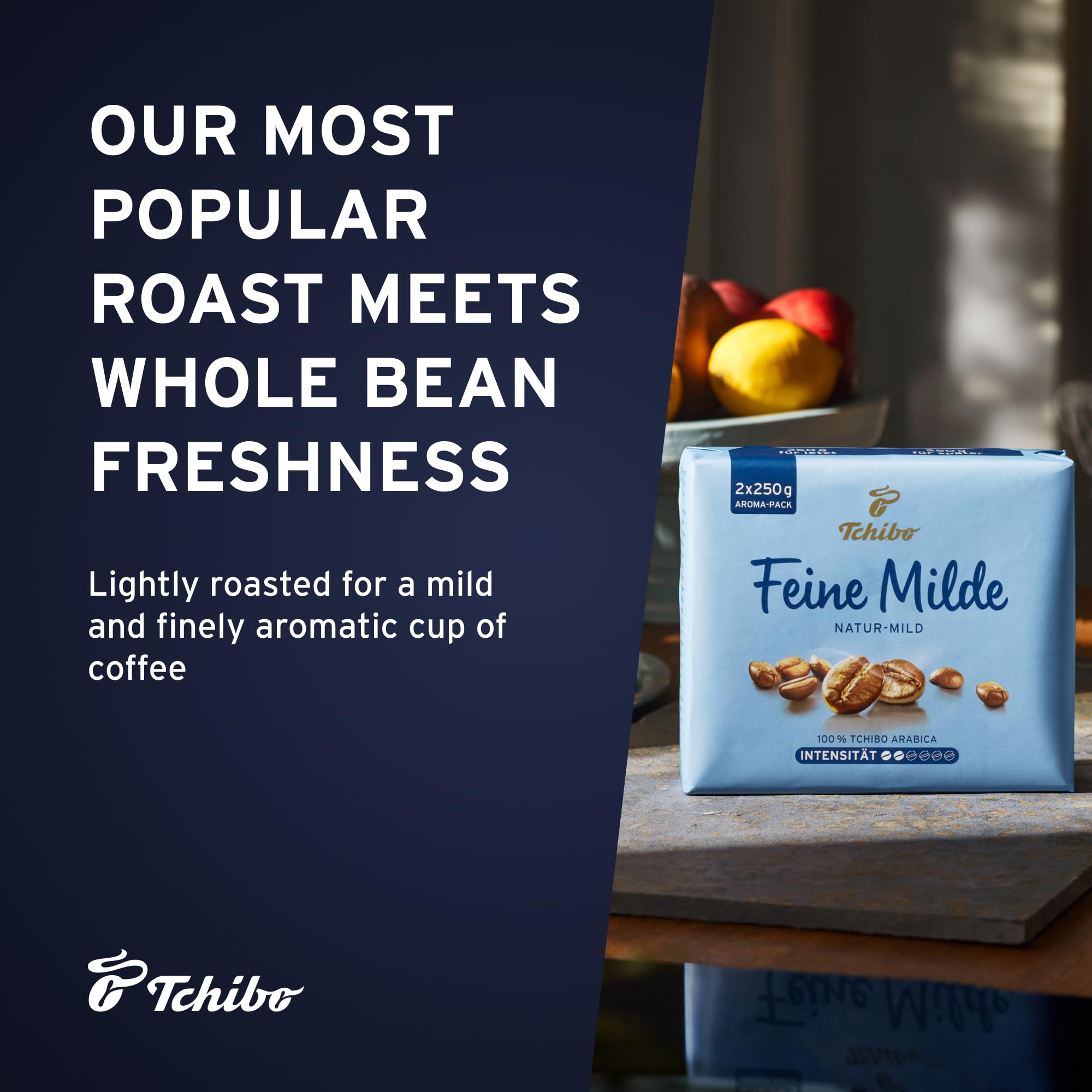 Tchibo Roasted Ground Coffee β Feine Milde - Light Roast Arabica Beans for a European Style Coffee β Intensity 2/6, Acidity 3/6, Roast Level 2/6 β 8.8 oz