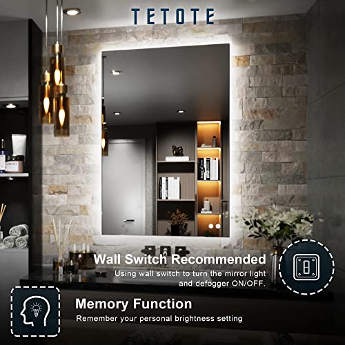 TETOTE 24 x 36 Inch LED Mirror Backlit Bathroom,Anti-Fog Mirror with Light,Dimmable,CRI90+,IP54 Water Proof,Wall Mounted Vanity Lighted Mirror,Horizontal/Vertical