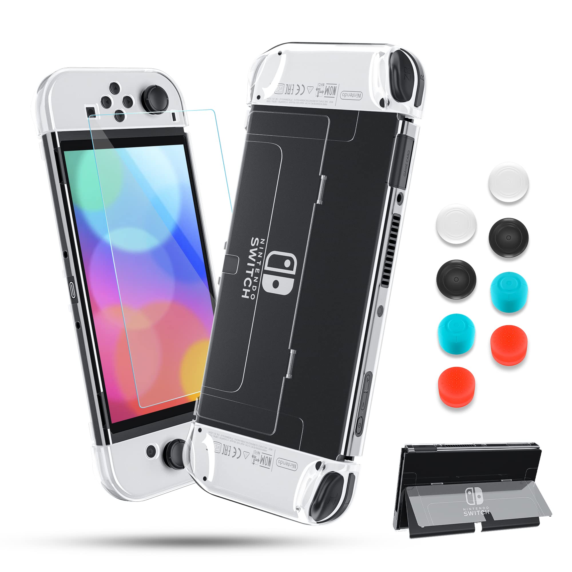 FUNDIARY Switch OLED Clear Case, Protective Cover for Nintendo Switch OLED Model Accessories with Screen Protector and 8 Pcs Thumb Caps - Ultra-Slim Dockable & Flip Shell