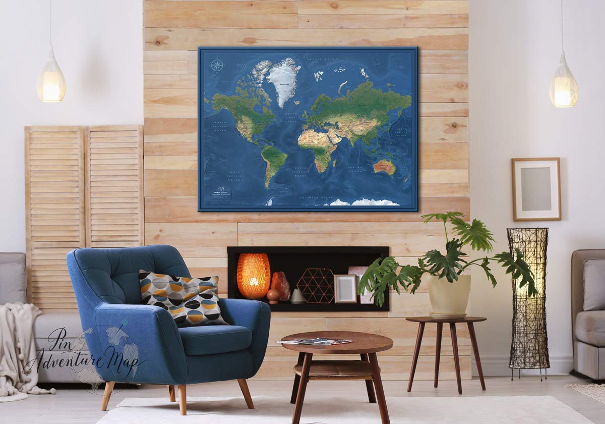 Modern World Satellite Wall Map with Push Pins | Push Pin Travel Map on Canvas | Personalized World Map with Pins | 24" x 32" up to 40" x 53"