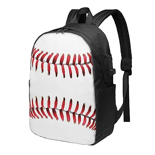 MZERSE Men & Women Lightweight Backpack Compatible with White Baseball Red Stripes, Multifunction Laptop Book Daypack Hiking Rucksack for College High with USB Charging Port