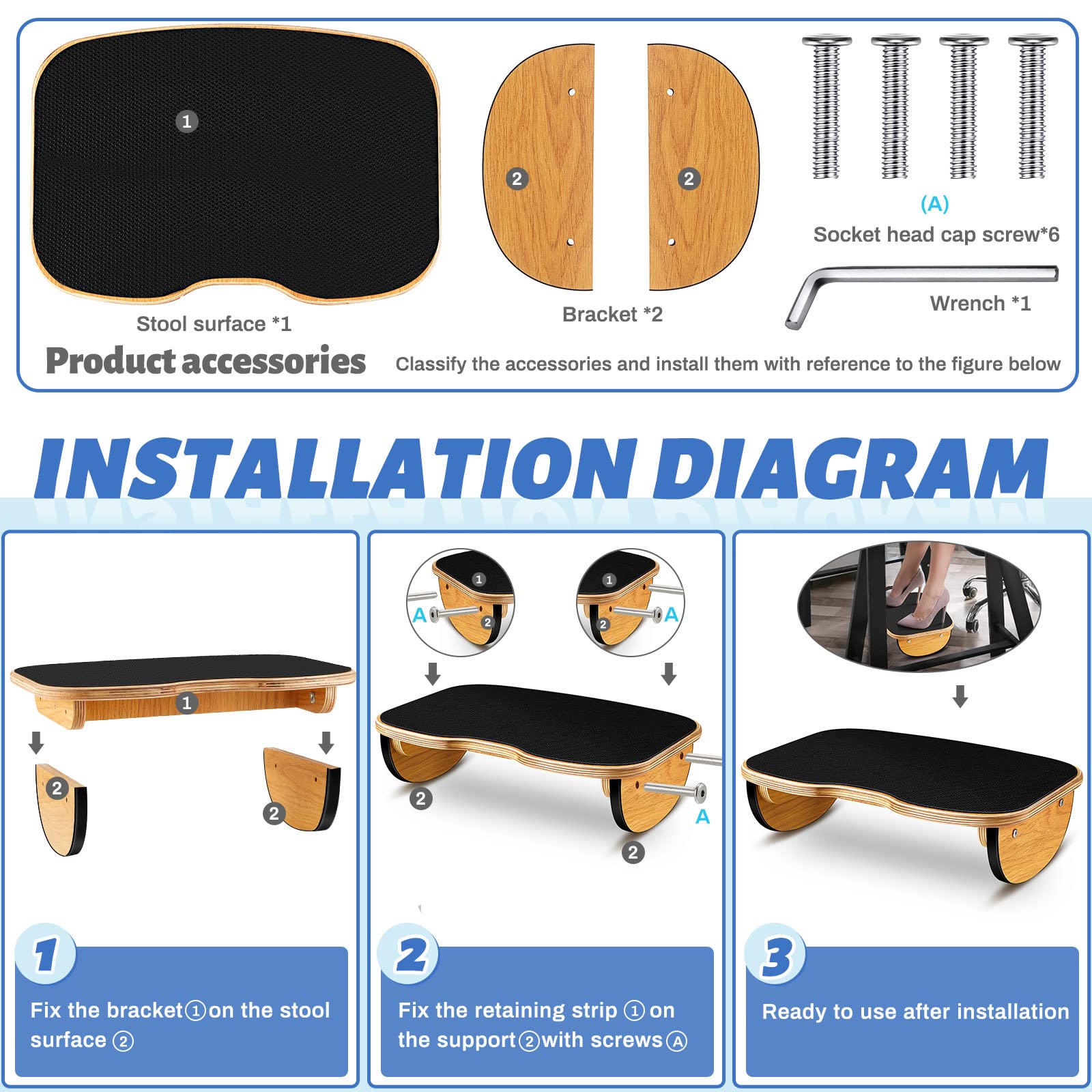 Foot Stool Under Desk Wood Larger Size Office Desk Footrest Rocking Foot Nursing Stool Rocker Balance Board for Supporting Relieving Leg Pressure, Home and Office Use, 15.8 x 11 x 4.3 Inches