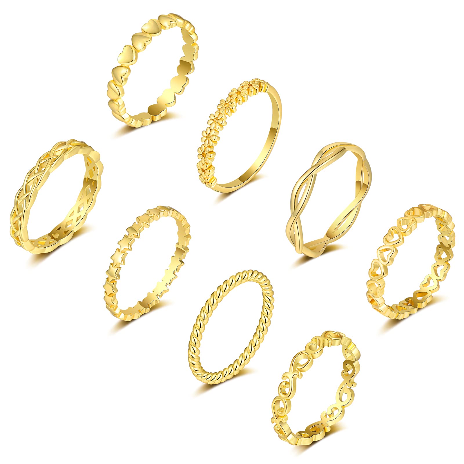 FUNEIA 8Pcs Knuckle Stacking Rings for Women14K Gold Plated Stackable Thumb Rings Set Star Heart Celtic Knot Daisy Flower Twisted Eternity Rings Engagement Promise Wedding Band Ring Size 5-9