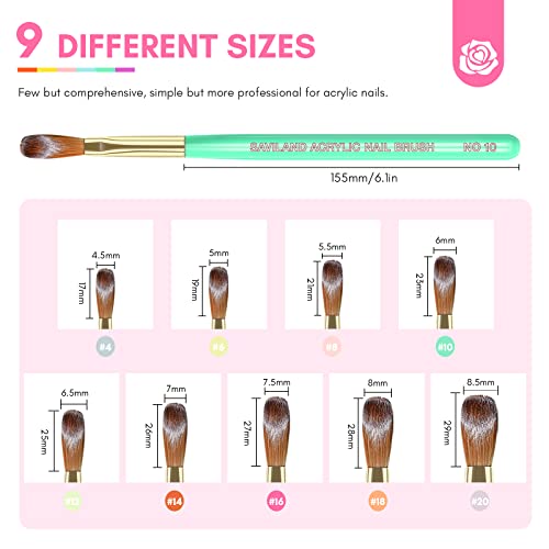 Saviland 9PCS Acrylic Nail Brush Set - Kolinsky Acrylic Nail Brushes for Acrylic Application, Size 4/6/8/10/12/14/16/18/20 Acrylic Powder Brushes for Acrylic Nails Extension & 3D Nail Carving