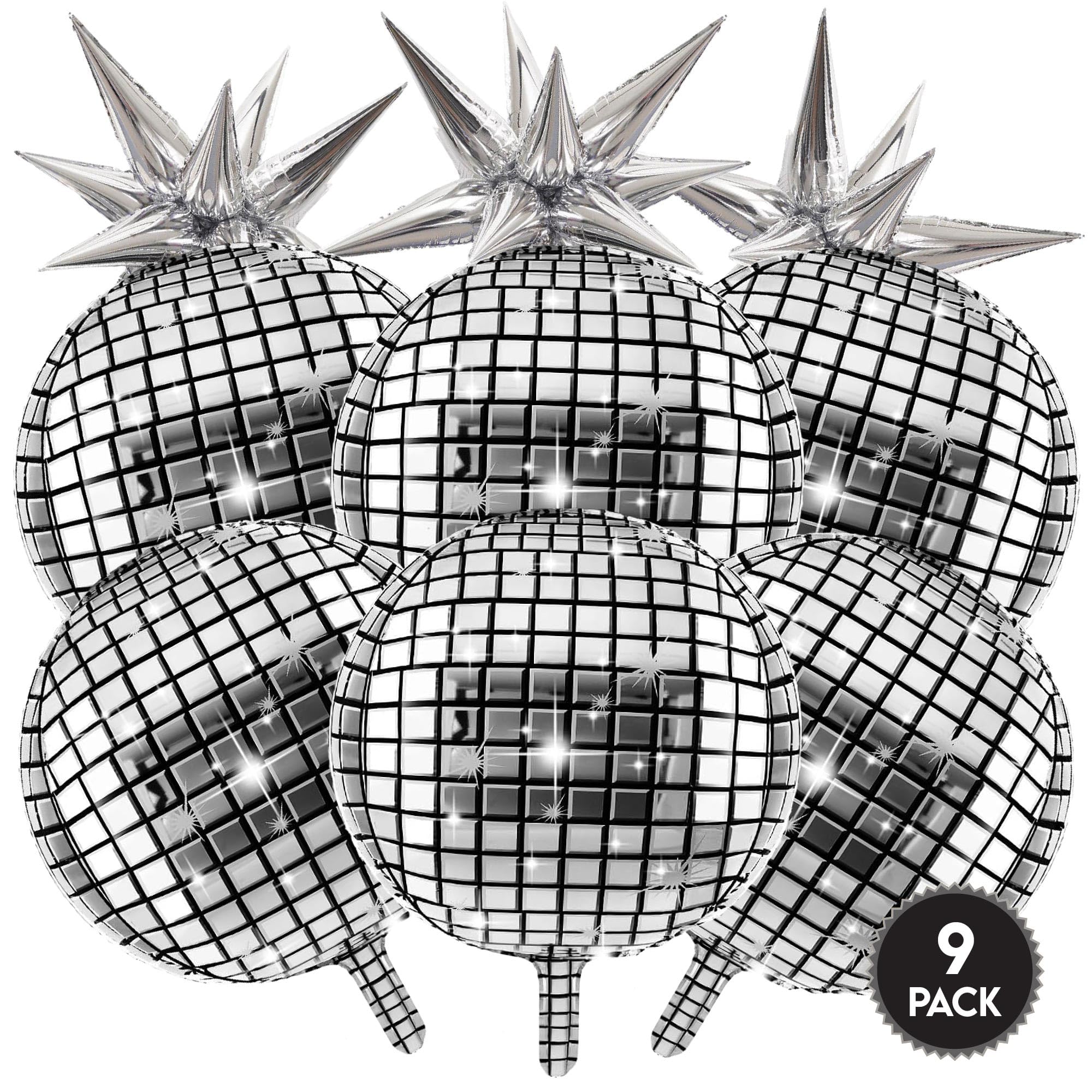 Inflatable Disco Ball Balloons Pack of 9-22” Silver Mylar Foil Disco Party Balloons with Star Balloons, Ribbon & Pipe for New Year's Disco Ball Decorations Party, Bachelorette, Birthday Décor
