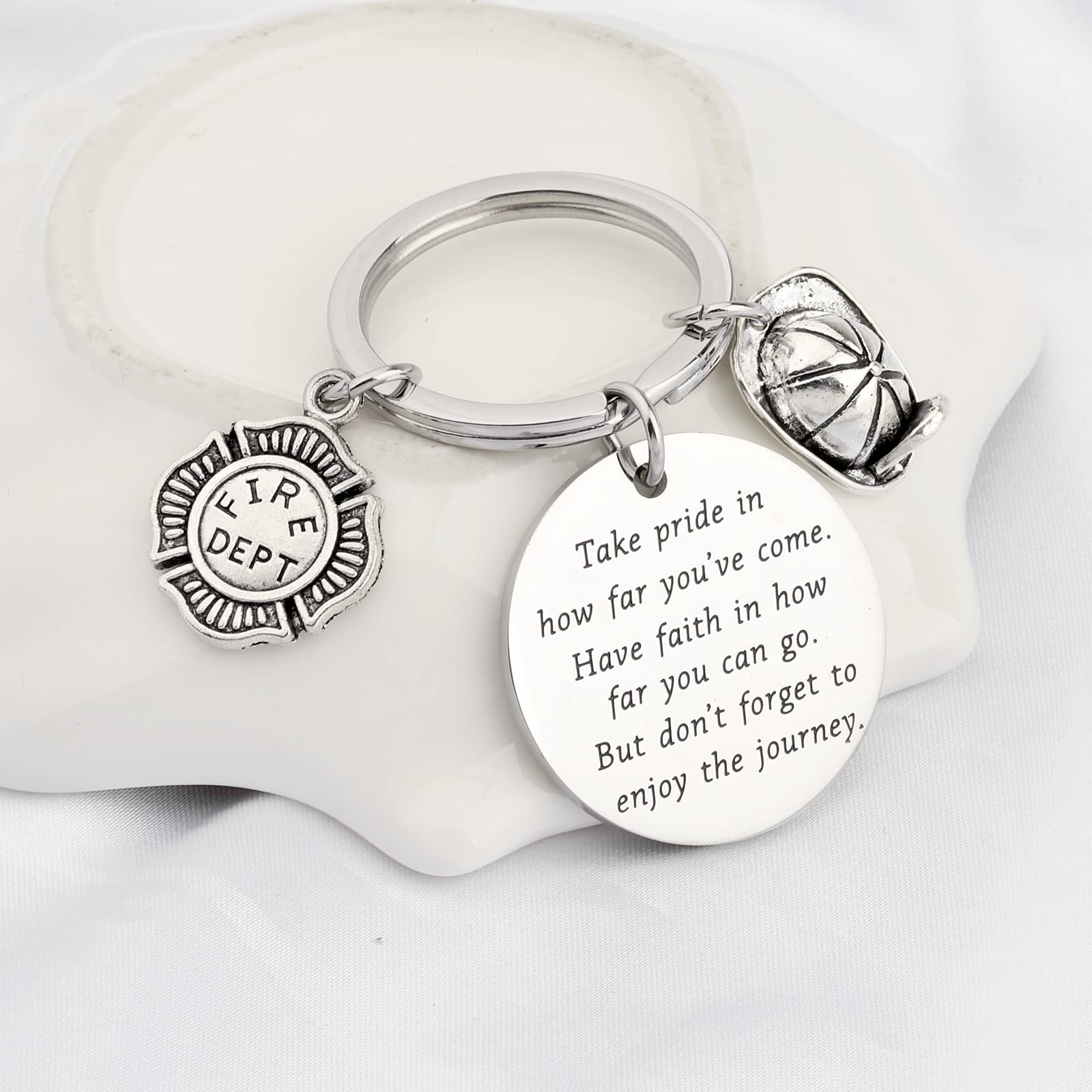FUSTMW Firefighter Gifts Keychain Fireman Gifts Firefighter Graduation Gifts Take Pride in How Far You Have Come (silver)