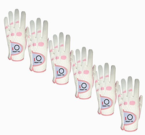 FINGER TEN Women’s Golf Gloves Ladies Left Hand Right Value 6 Pack, All Weather Extra Grip Lh Rh, Size Fit Small Medium Large XL (6 Pack Milkly, Medium, Left)