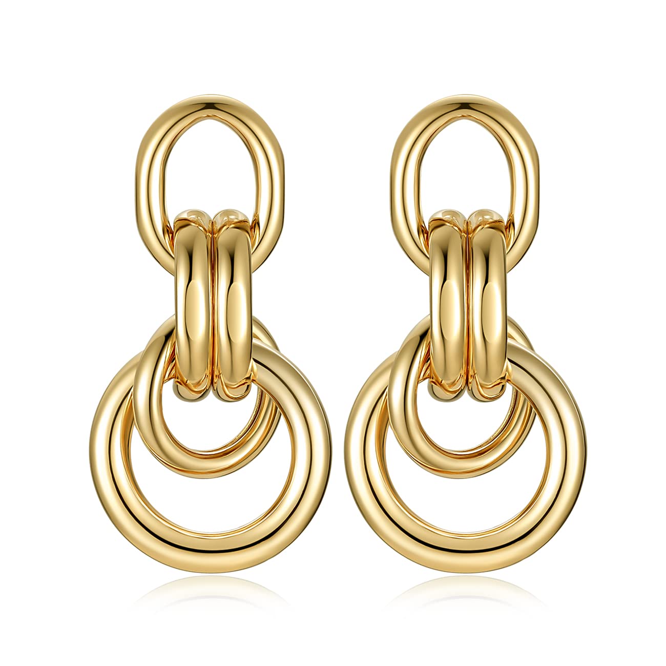 Gold Statement Earrings - Large Geometric Circle Hoop Link Chunky 14K Gold Plated Statement Dangle Earrings for Women Jewelry Gifts (Gold)