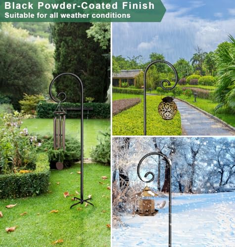 Koutemie 60 Inch Outdoor Shepherd Hook for Hanging Plant, Adjustable Heavy Duty Bird Feeder Pole with 5 Prong Base for Solar Lanterns, Black & 2 Packs