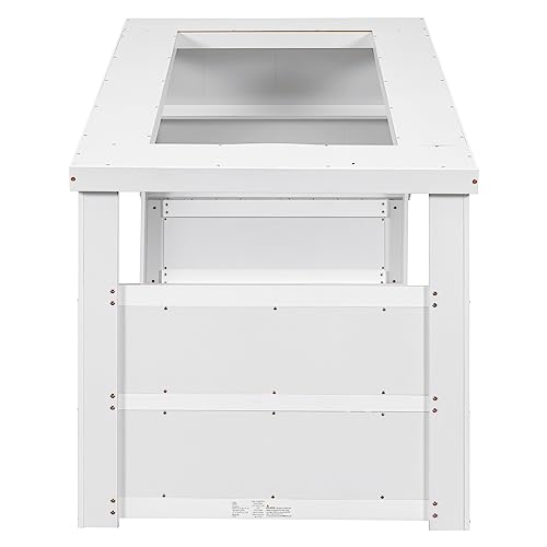 MERITLINE Twin House Bed for Kids Montessori Floor Bed with Roof Window, LED Light, No Box Spring Needed, for Girls Boys (Twin Size, White)