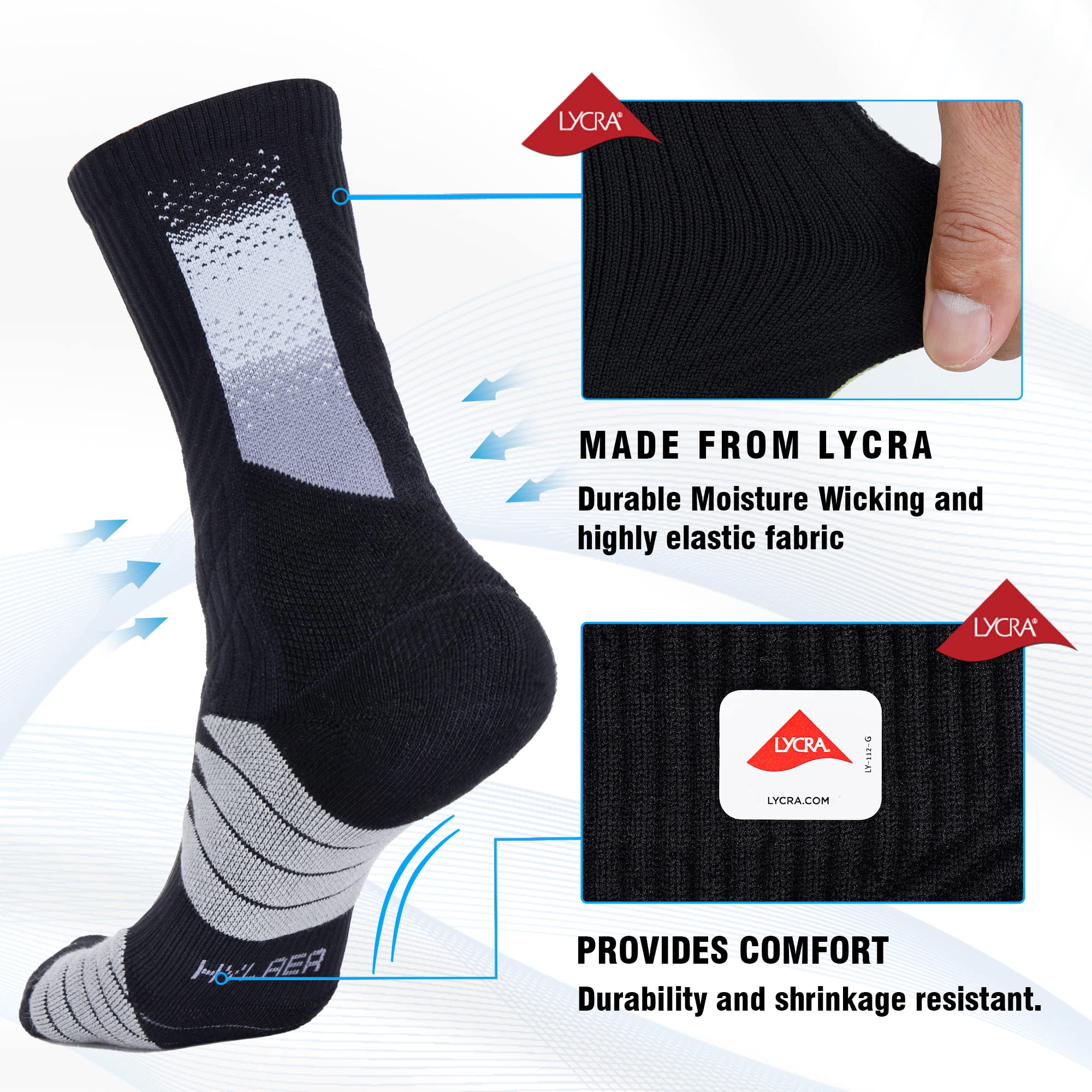 Hylaea Athletic Running Socks with Cushion Crew Length Anti-Blister Moisture Wicking Seamless Toe Black Large 2 Pairs