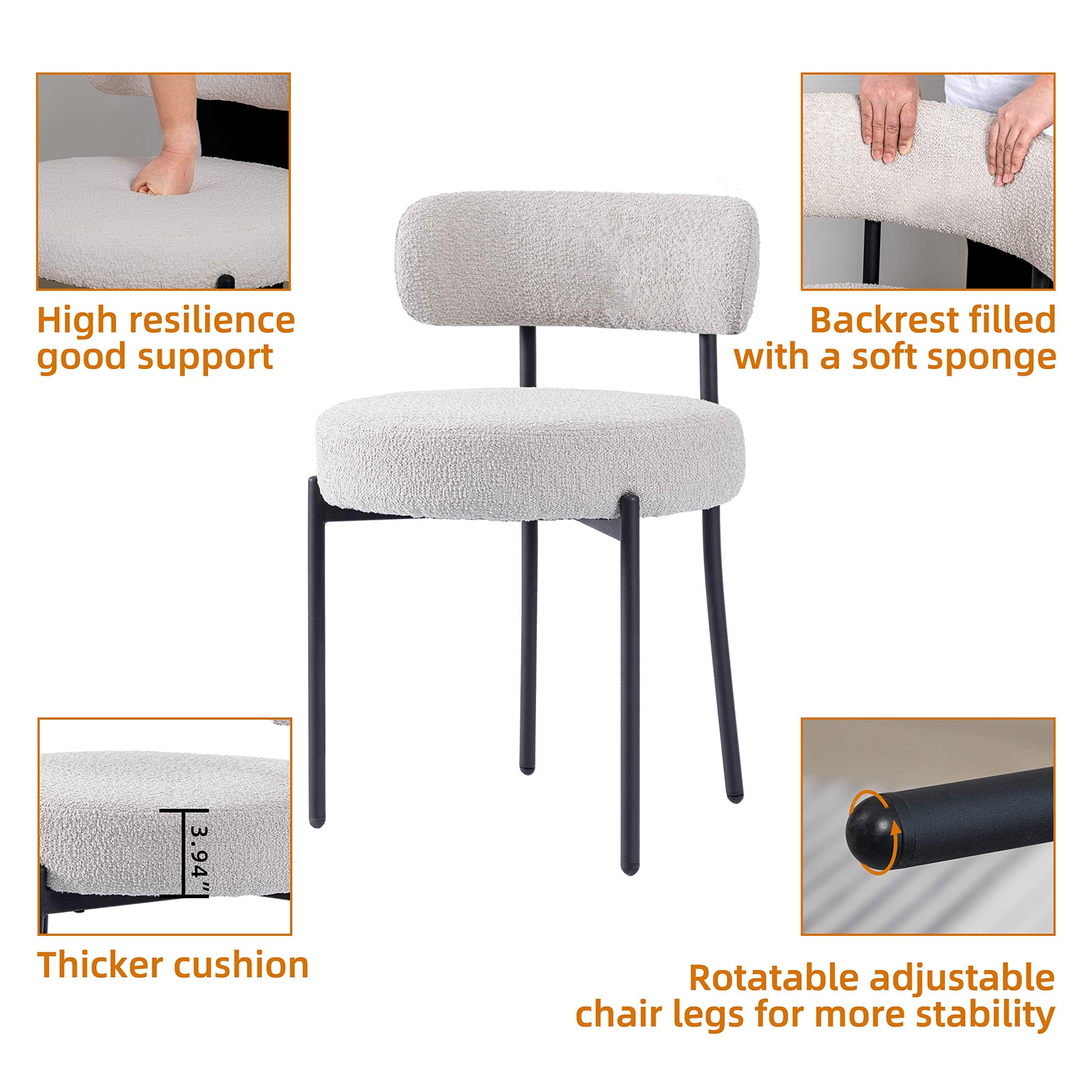DYHOME Light Grey Dining Chairs Set of 4, Modern Dining Room Chairs Mid-Century, Round Upholstered Kitchen Chairs with Black Metal Legs, Boucle Sherpa Dining Chair
