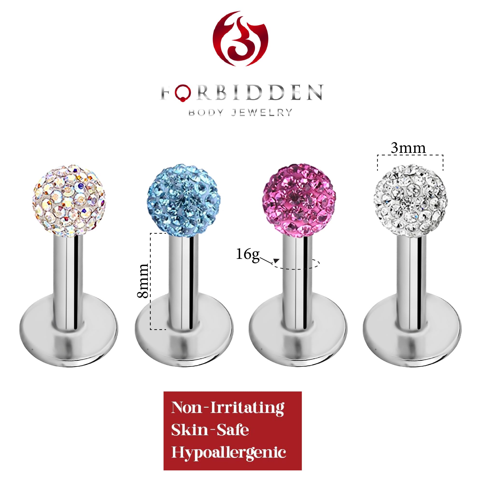 Forbidden Body Jewelry 4 Pc Value Pack: 16g 6mm Tragus, Helix, Cartilage and Labret Piercing Studs with 3mm Ferido Crystal Tops