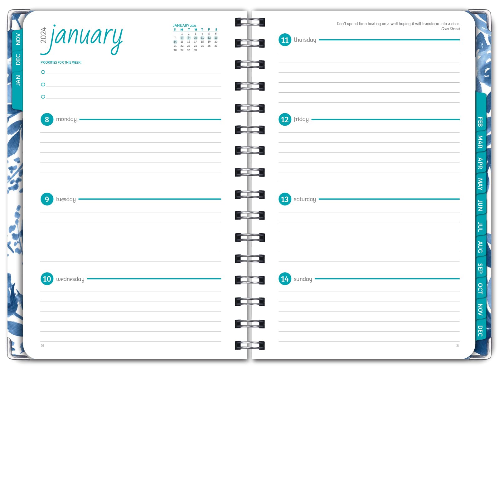 Global Printed Products HARDCOVER 2024 Planner: (November 2023 Through December 2024) 5.5"x8" Daily Weekly Monthly Planner Yearly Agenda Bookmark, Pocket Folder & Sticky Note Set (Blue Bloom)