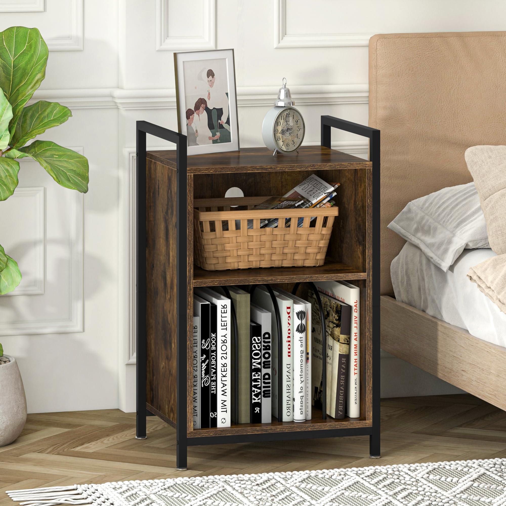 Entrintou Record Player Stand, Mid Century Turntable Stand, 3-Shelf Vinyl Record Holder with Vinyl Record Storage, Rustic Brown Record Player Table Cabinet with Handle for Living Room, Bedroom, Office