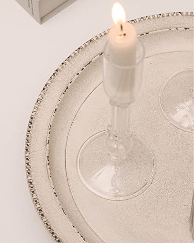 RM ROOMERS White Round Wooden Tray, Decorative Round Tray with Tiny Bead Stringing, Coffee Table Tray Circle, White Round Serving Tray for Living Room, Farmhouse