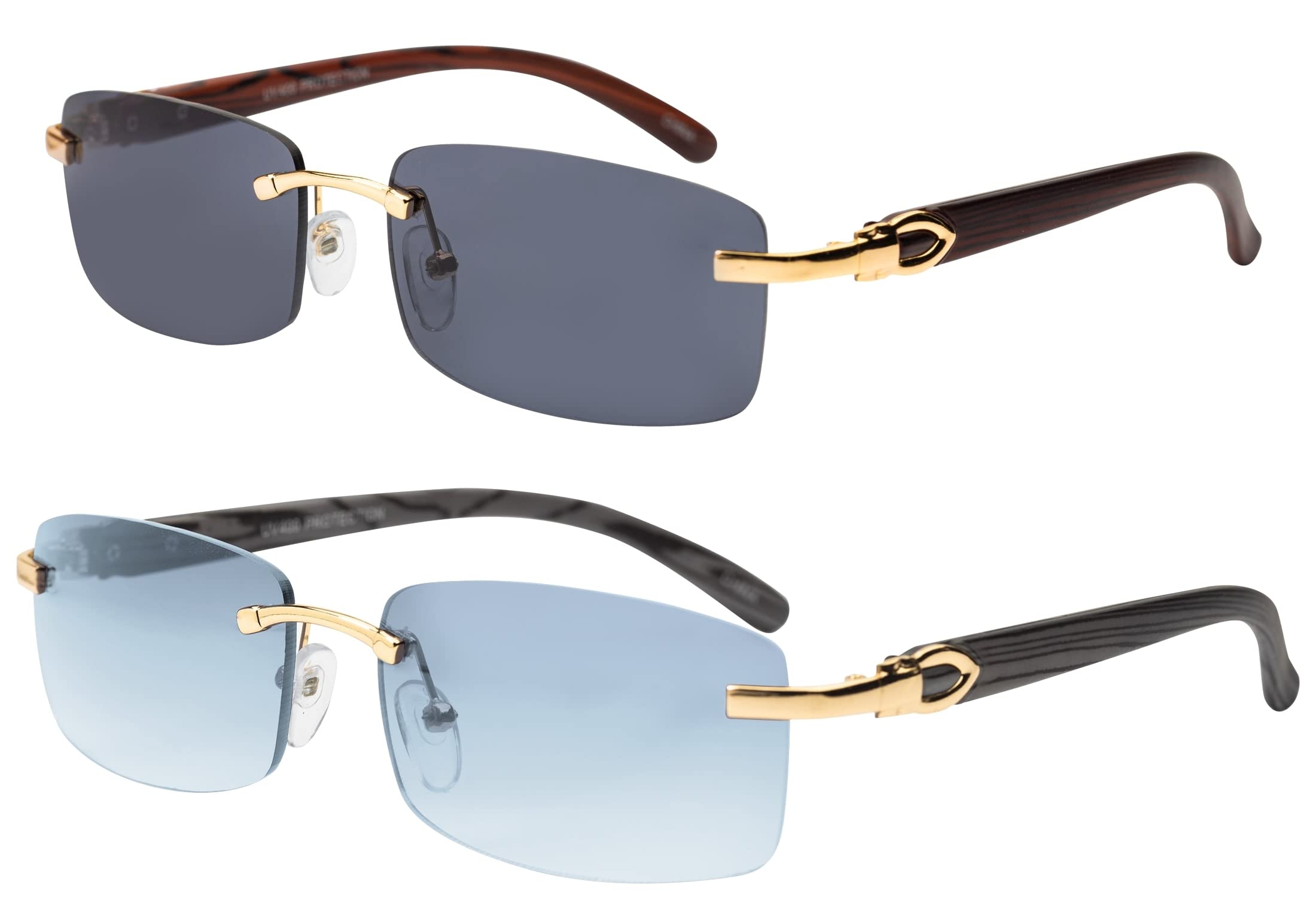 Elite Slim Rimless Rectangular Metal & Wood Art Aviator Sunglasses (2 PACK: Black - Blue)