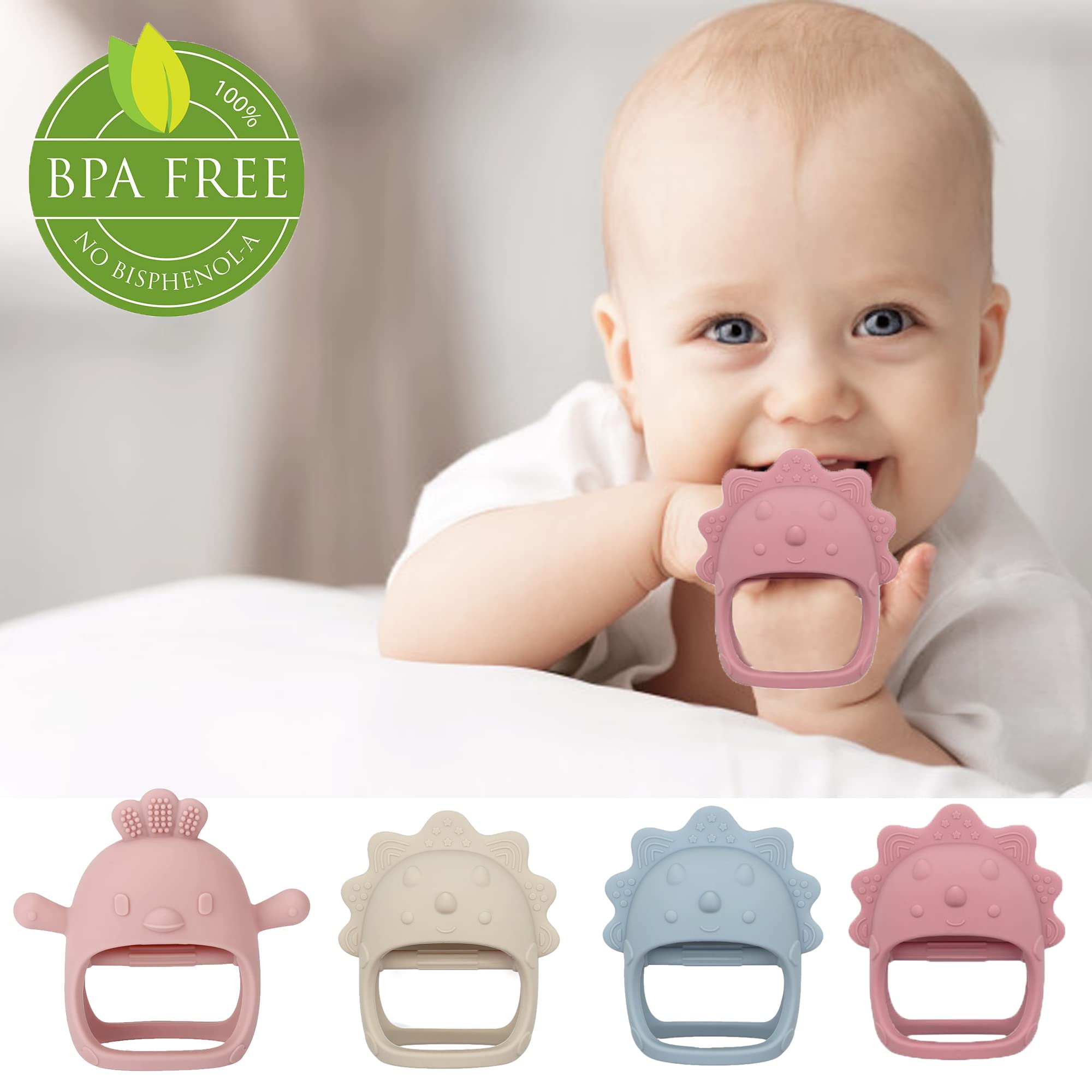 EXGOX Silicone Teether Mitten,Baby Silicone Teething Toys 3D Shape Silicone Teether Gloves for Sucking Needs and Prevent Finger Sucking Massages Gums, for Over 12 Months Breast Feeding Baby (Pink)